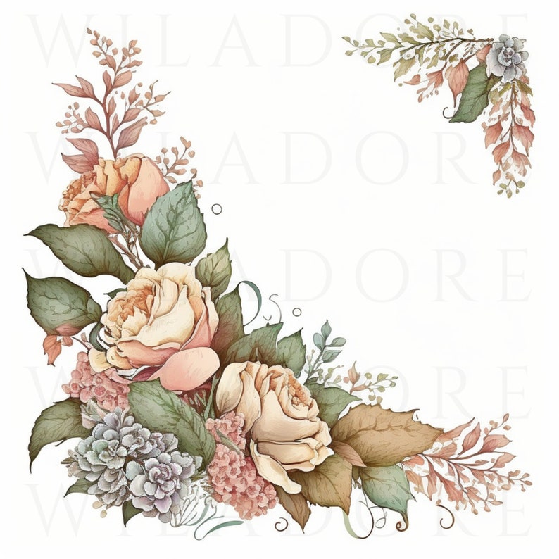 10 Watercolor Rose Flower Border Art, Corner, Roses Flowers, Floral ...
