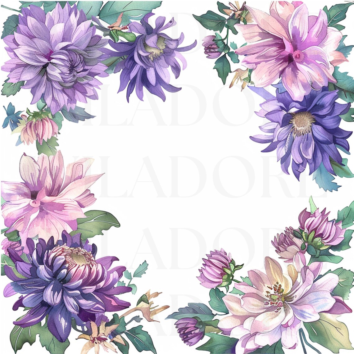 10 Watercolor Aster Flower Square Borders, Fall Autumn Flowers Clipart ...