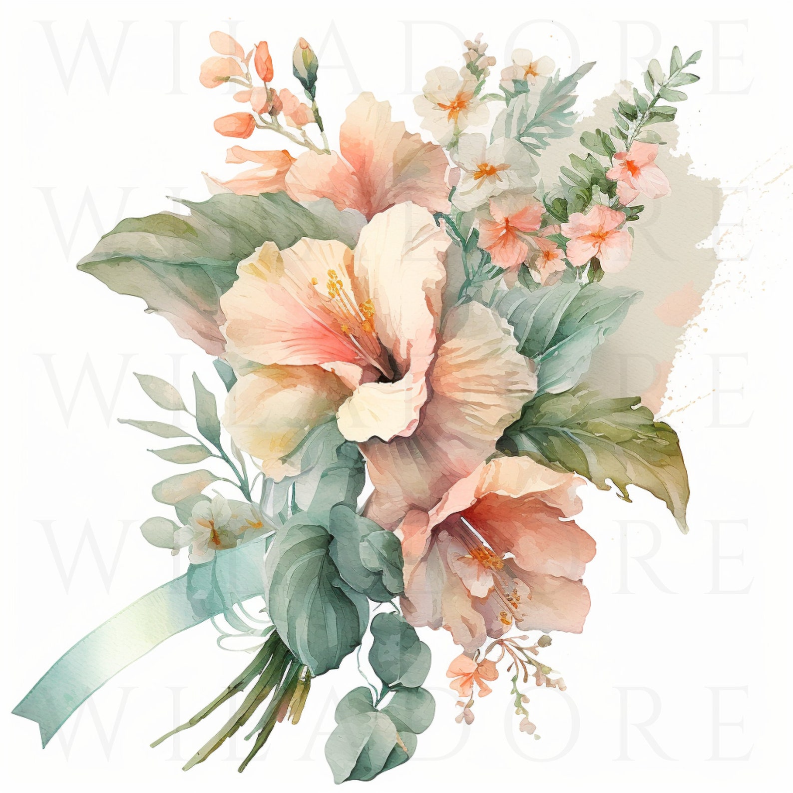 10 Watercolor Floral Clip Art, Hibiscus Flowers, Ribbons, Tropical ...