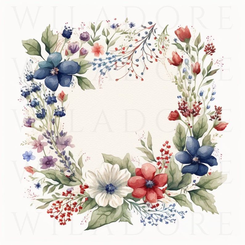 10 Watercolor Floral Clipart Independence Day Flower Frame 4th of July ...