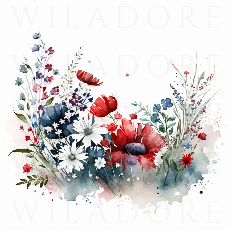 10 Watercolor Floral Clipart Independence Day Flower Border 4th of July ...