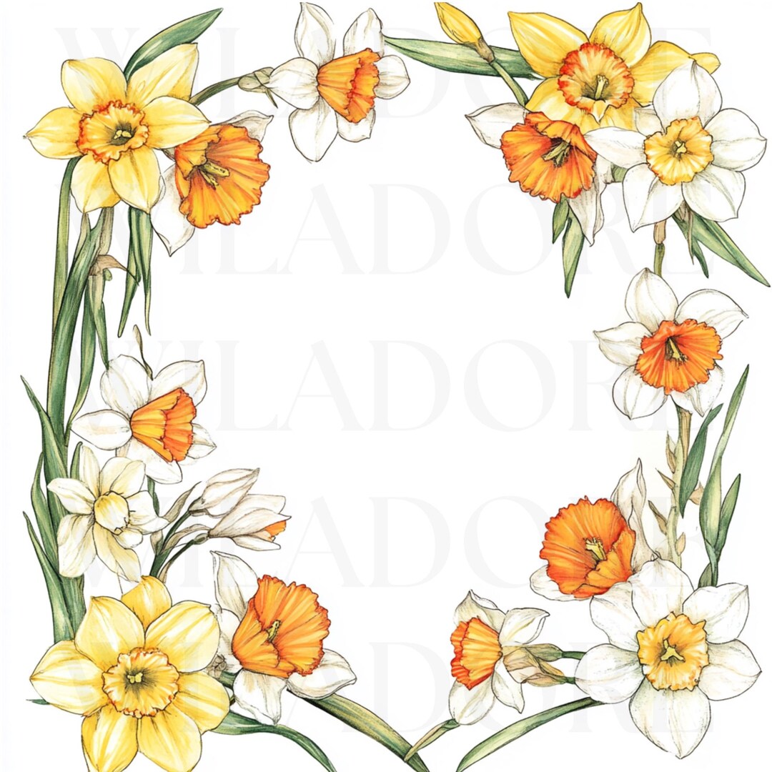 Watercolor Daffodil Flowers Borders, Square, 10 PNG Floral Images ...