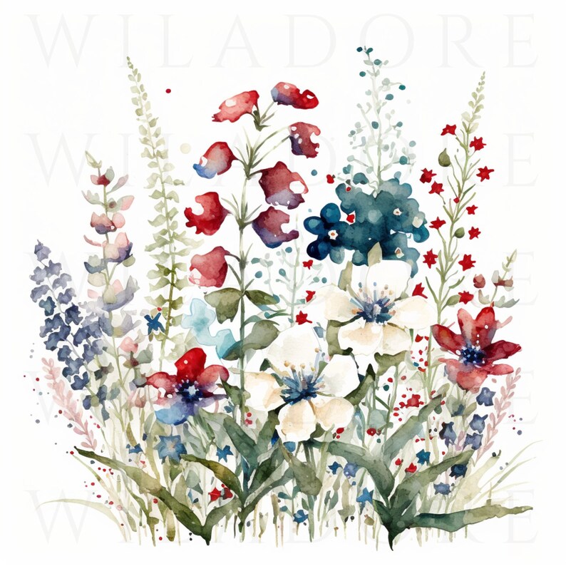 10 Watercolor Floral Clipart Independence Day Flower Border 4th of July ...