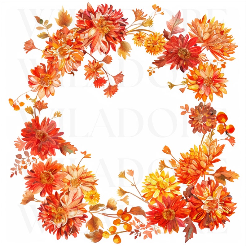 10 Watercolor Chrysanthemum Flower Wreath Borders, Fall Autumn Flowers ...
