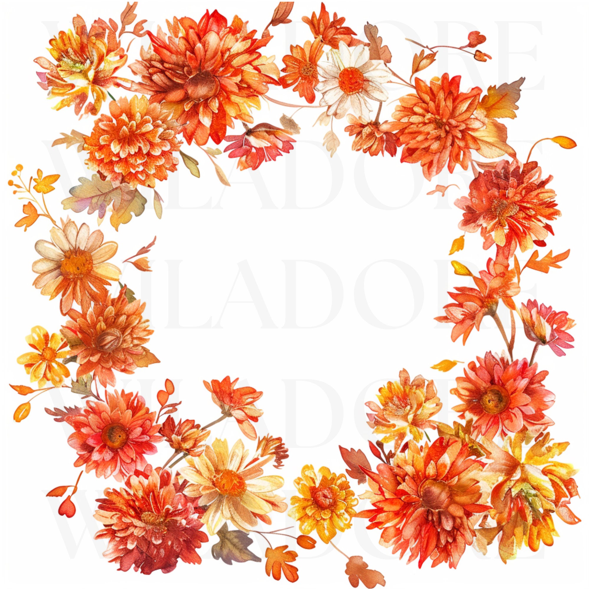 10 Watercolor Chrysanthemum Flower Wreath Borders, Fall Autumn Flowers ...