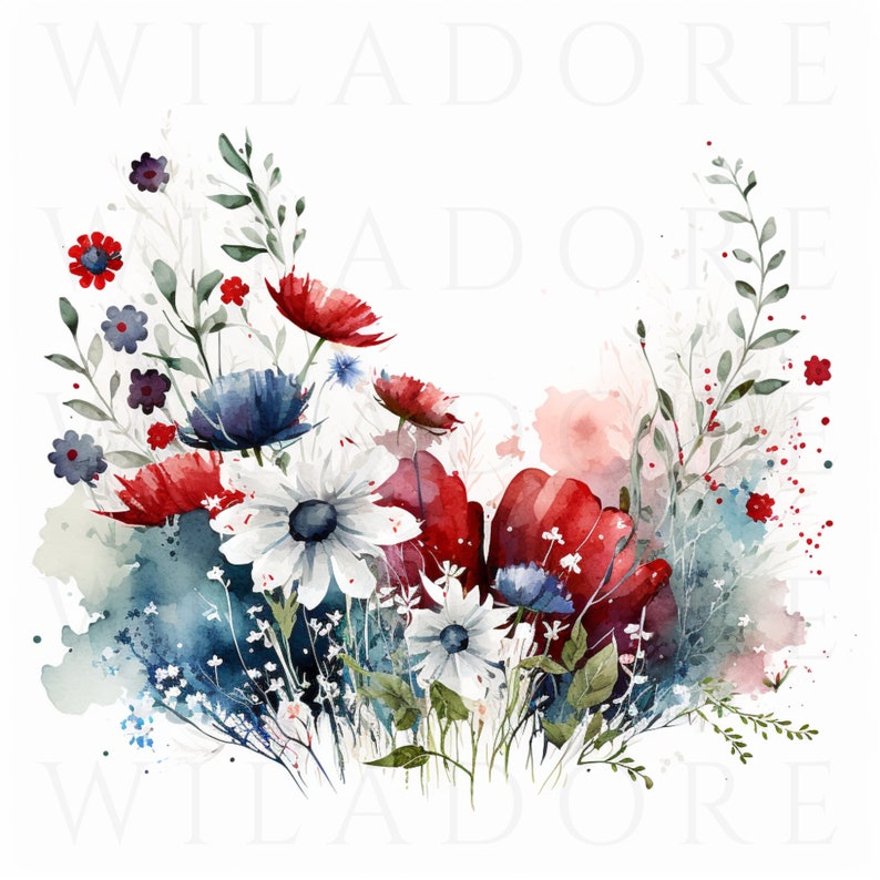 10 Watercolor Floral Clipart Independence Day Flower Border 4th of July ...