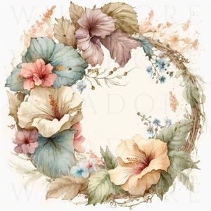 10 Watercolor Floral Clip Art, Hibiscus Flowers, Wreaths, Tropical ...