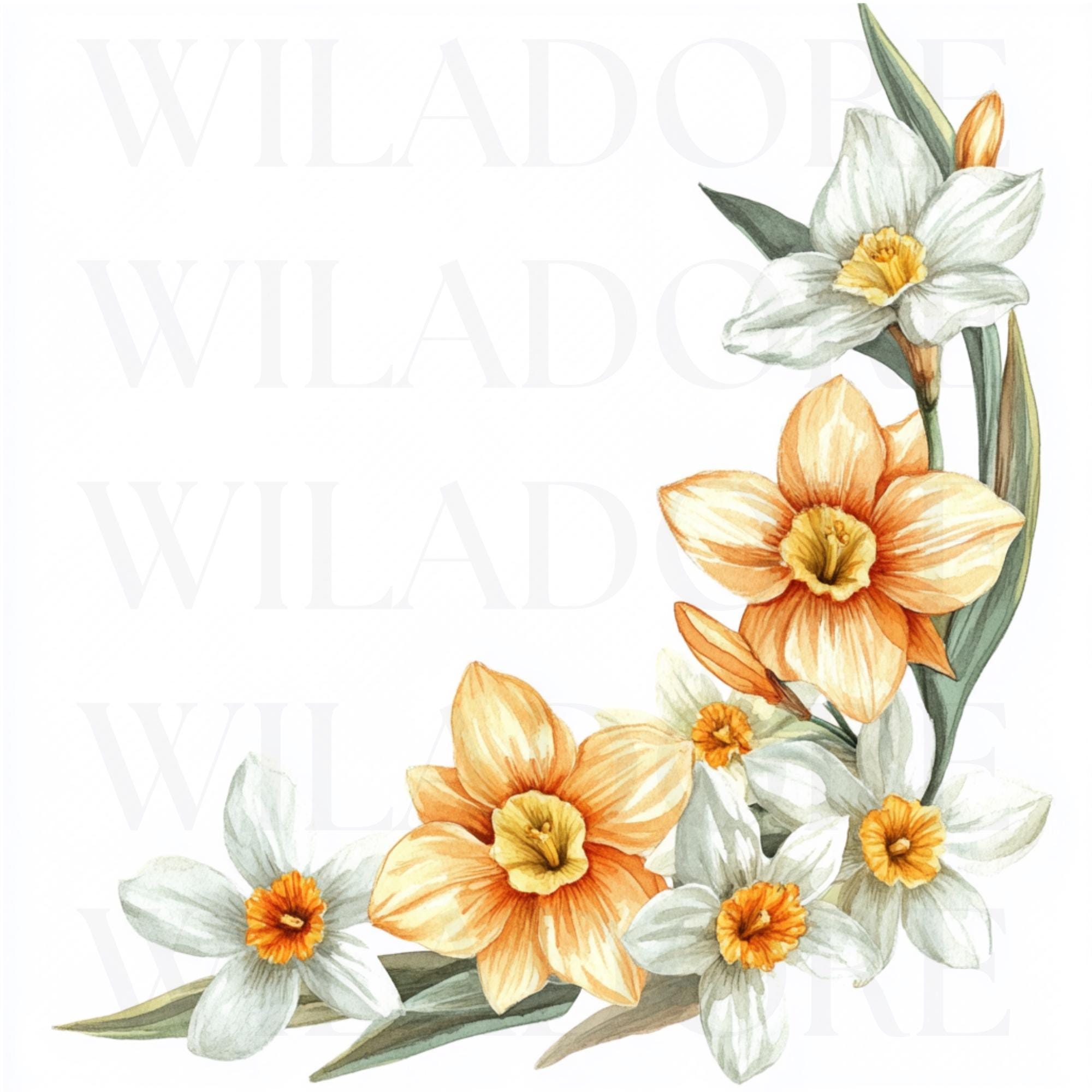 Watercolor Daffodil Flowers Borders, Corner, 10 PNG Floral Images ...