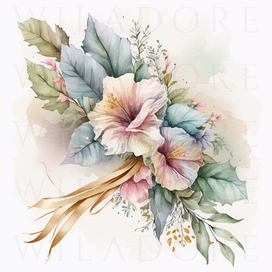 10 Watercolor Floral Clip Art, Hibiscus Flowers, Ribbons, Tropical ...