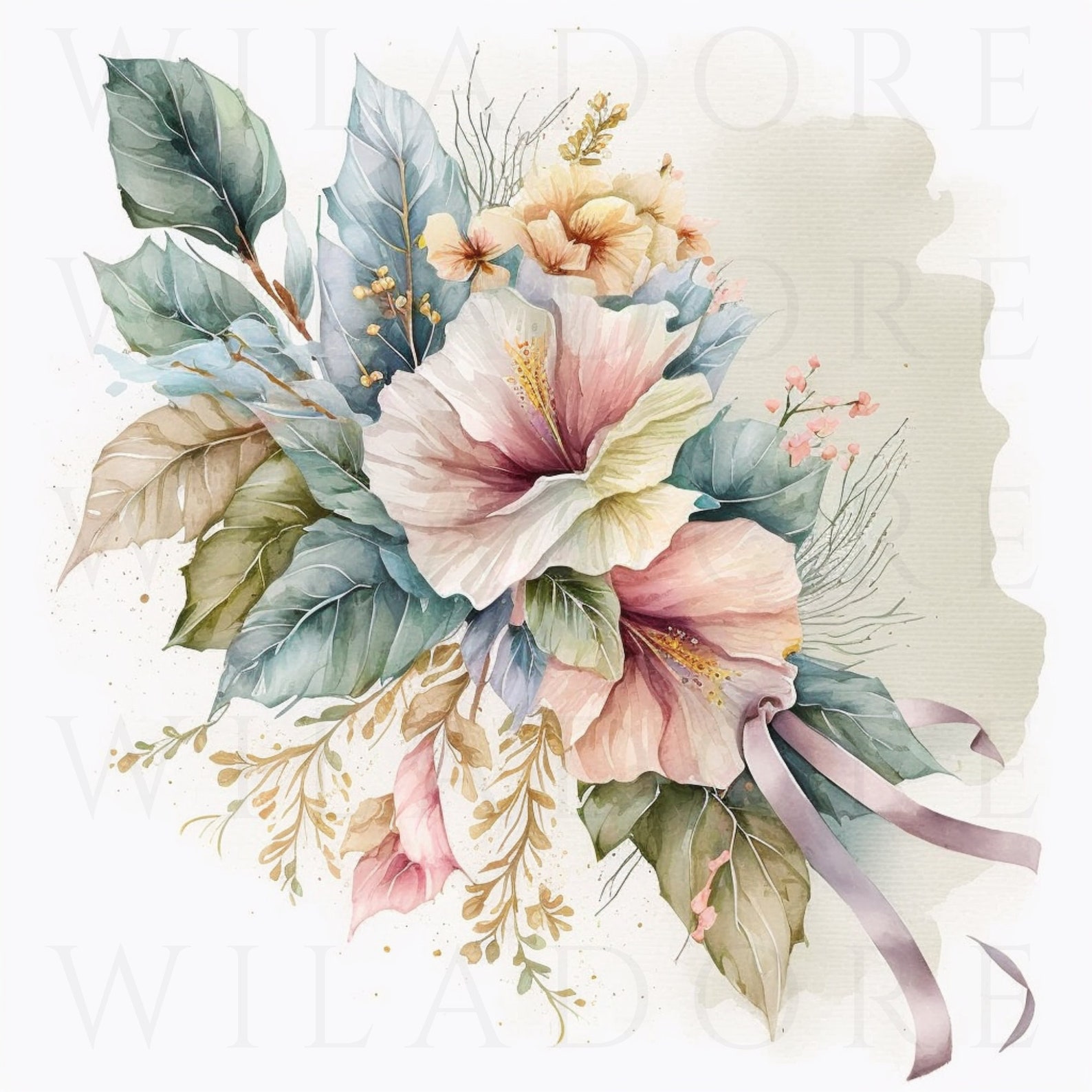 10 Watercolor Floral Clip Art, Hibiscus Flowers, Ribbons, Tropical ...