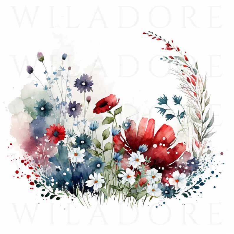 10 Watercolor Floral Clipart Independence Day Flower Border 4th of July ...