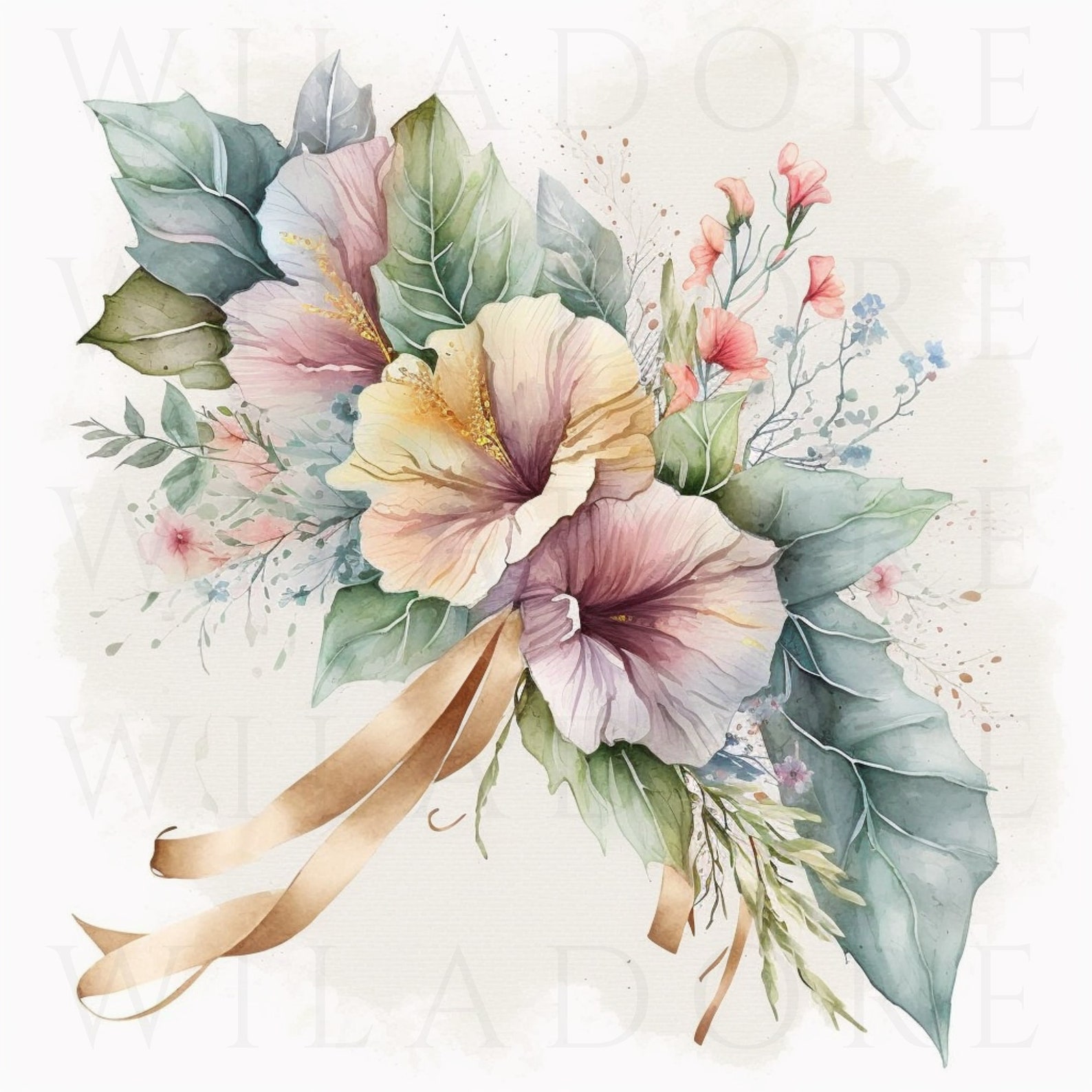 10 Watercolor Floral Clip Art, Hibiscus Flowers, Ribbons, Tropical ...