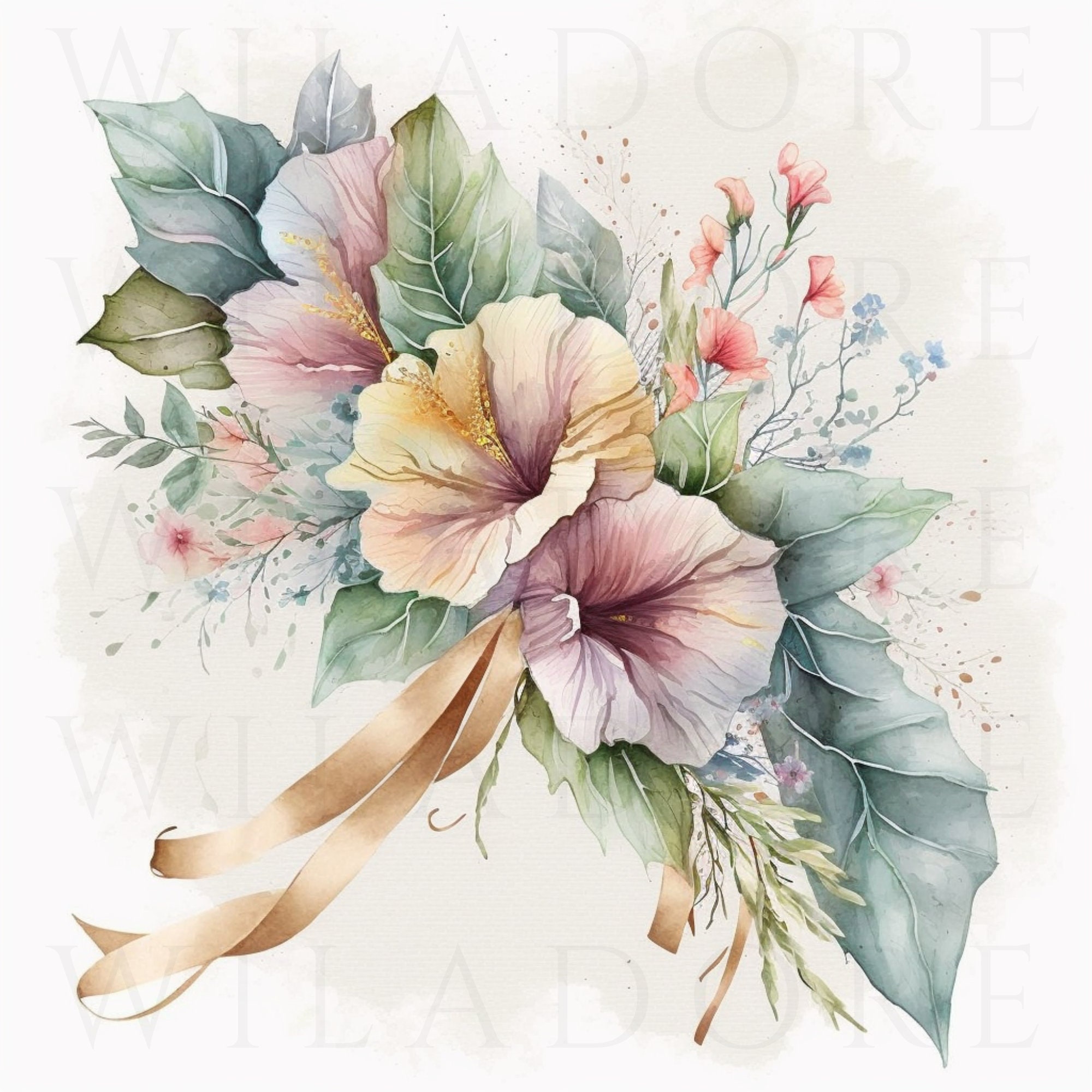 10 Watercolor Floral Clip Art, Hibiscus Flowers, Ribbons, Tropical ...