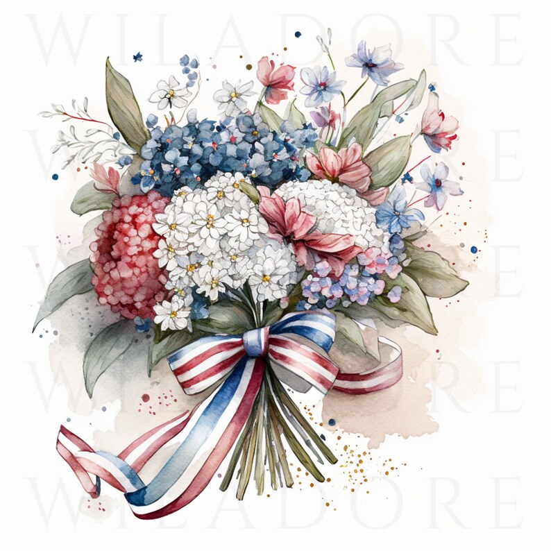10 Watercolor Floral Clipart Independence Day Flowers Ribbons 4th of ...