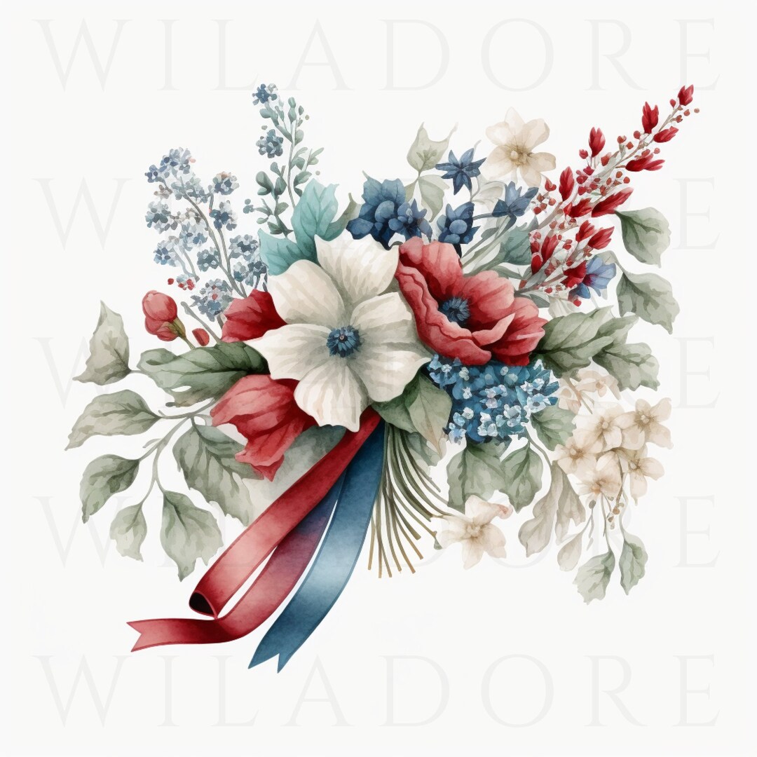 10 Watercolor Floral Clipart Independence Day Flowers Ribbons 4th of ...