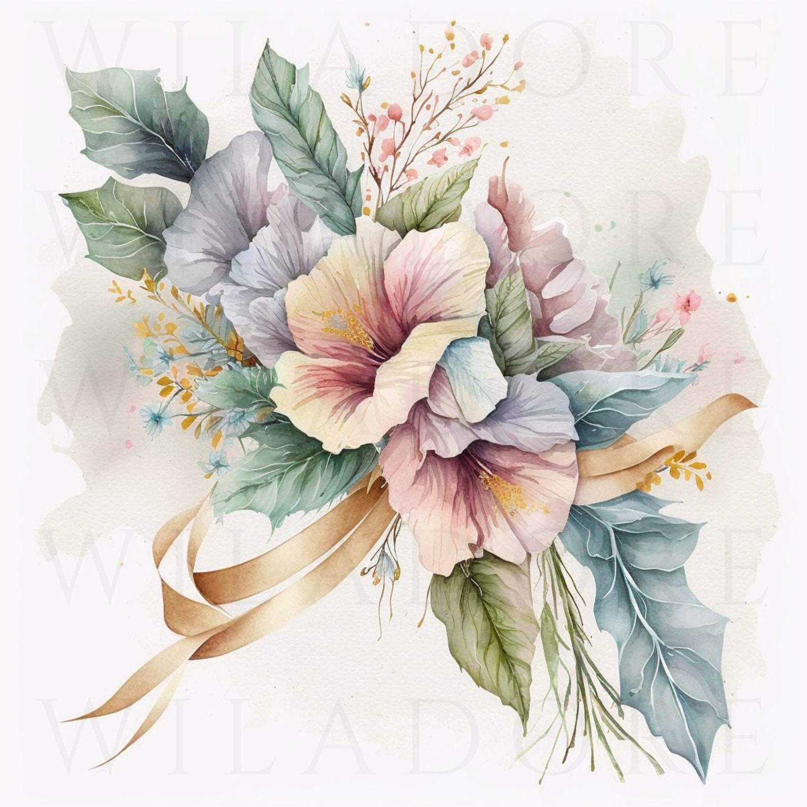 10 Watercolor Floral Clip Art, Hibiscus Flowers, Ribbons, Tropical ...