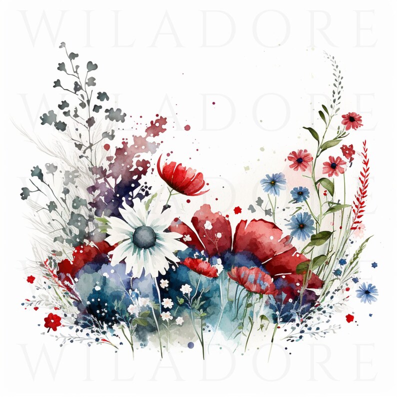 10 Watercolor Floral Clipart Independence Day Flower Border 4th of July ...
