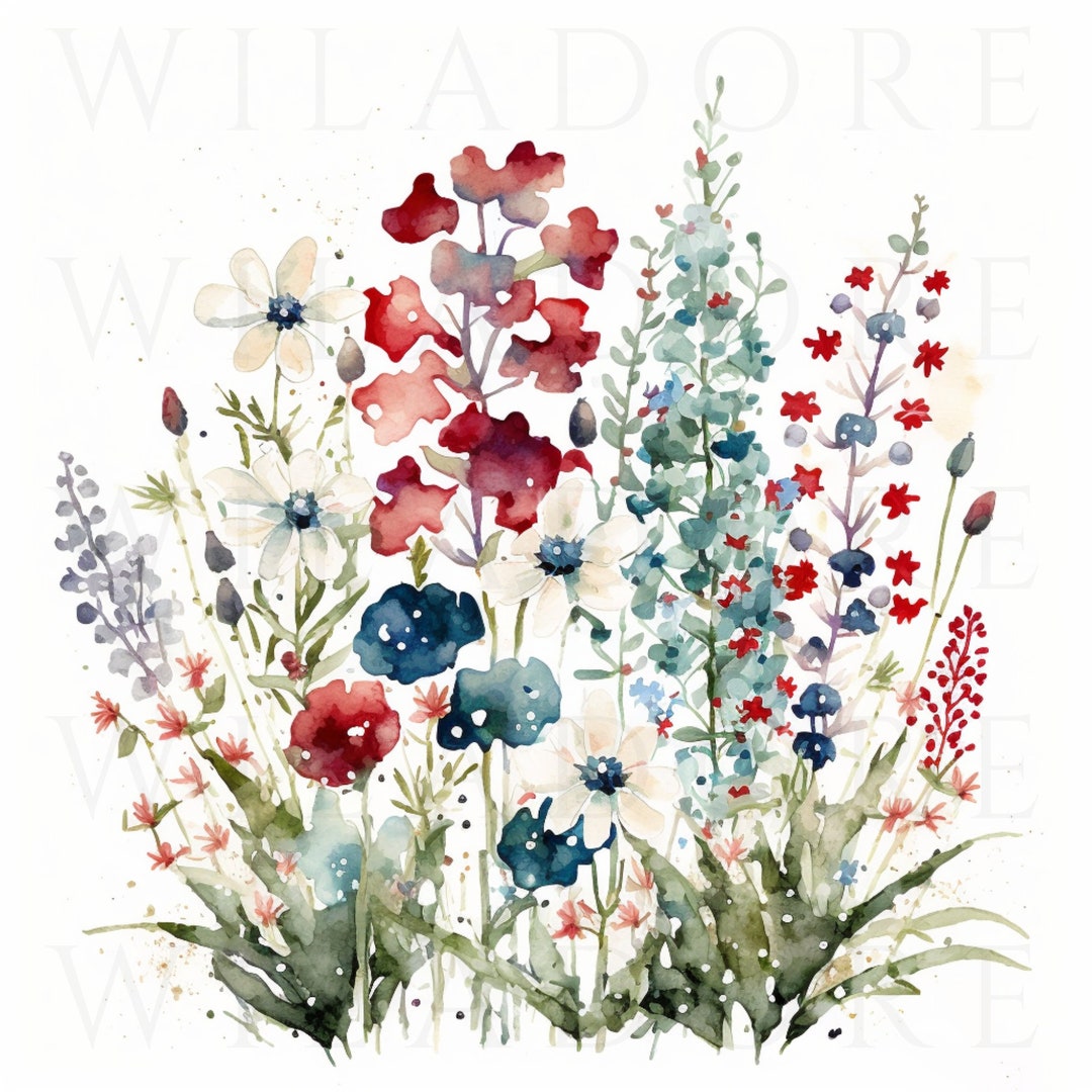 10 Watercolor Floral Clipart Independence Day Flower Border 4th of July ...
