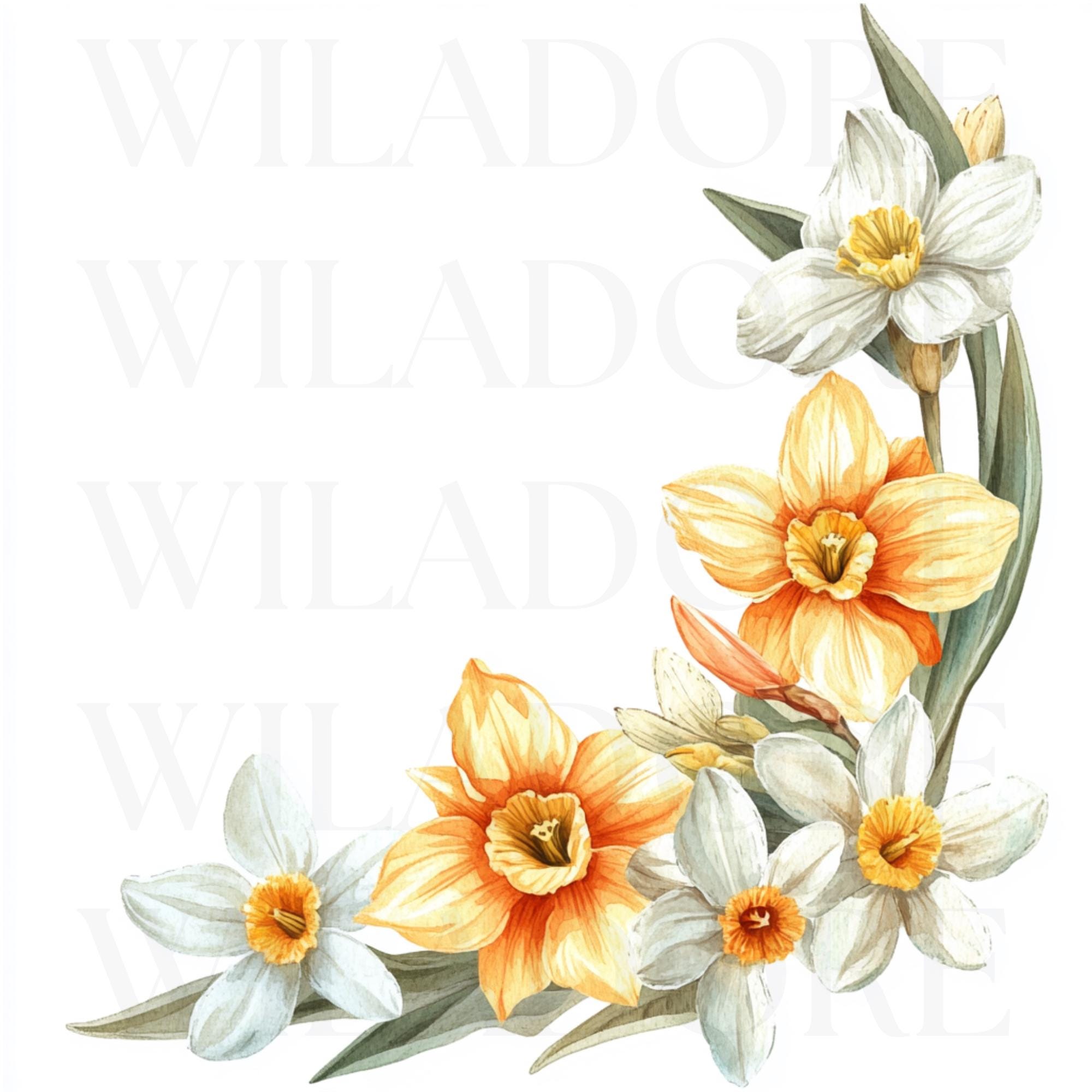 Watercolor Daffodil Flowers Borders, Corner, 10 PNG Floral Images ...