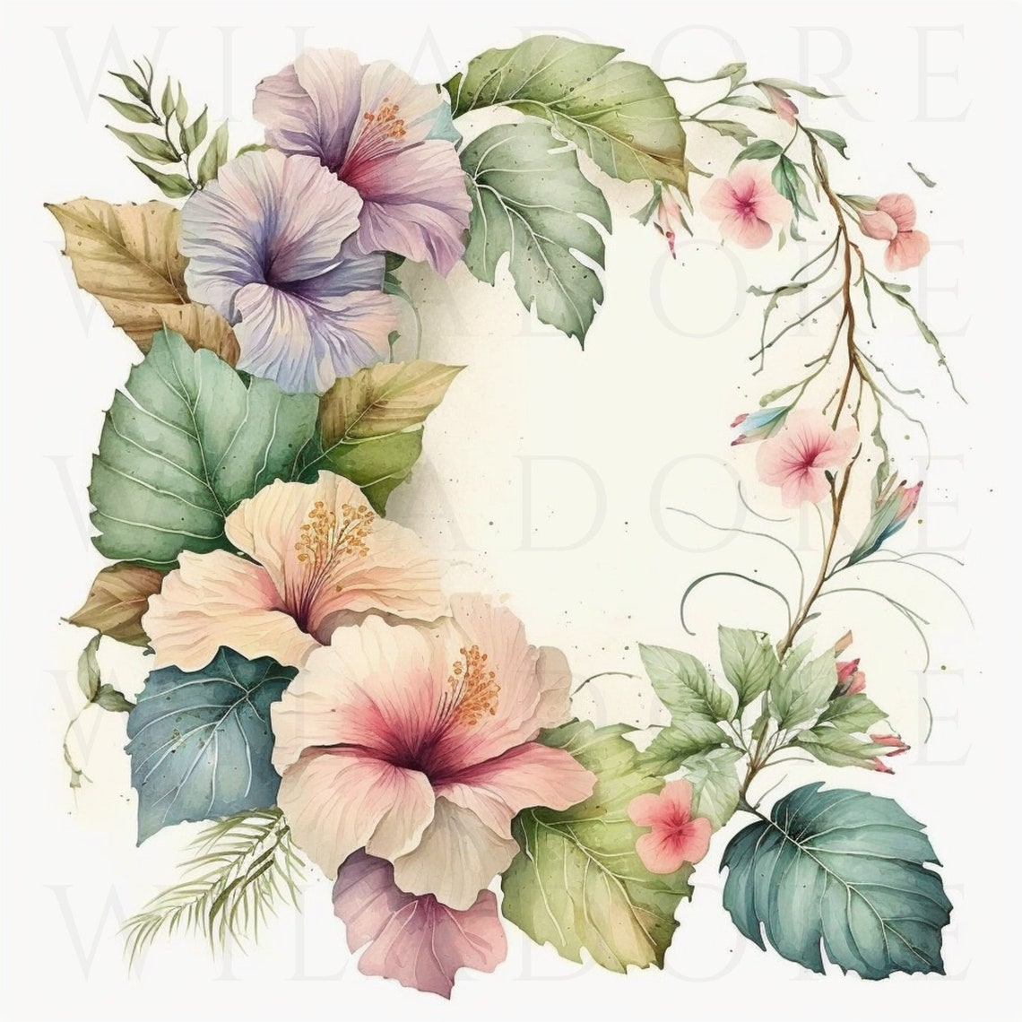 10 Watercolor Floral Clip Art, Hibiscus Flowers, Frame Border, Tropical ...