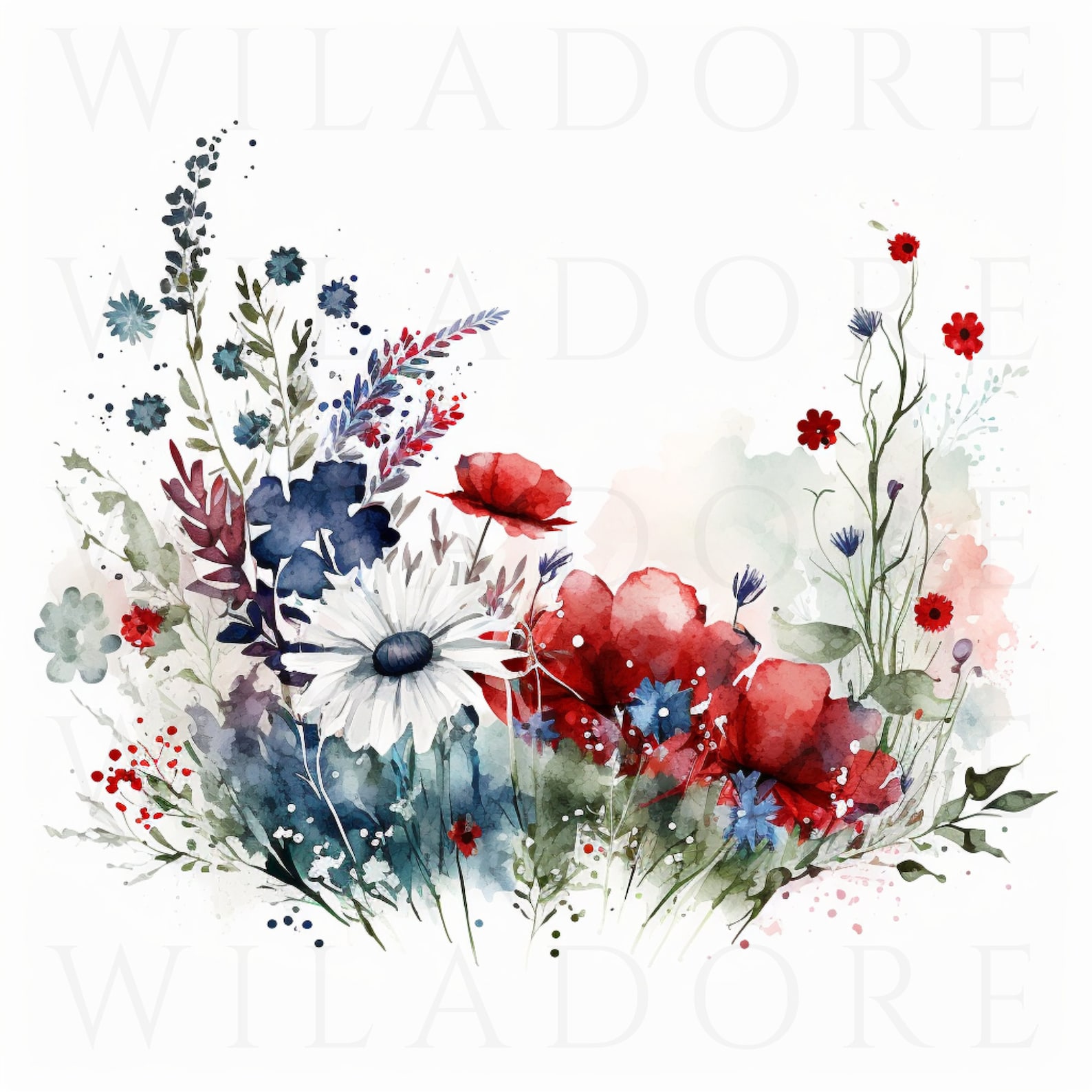 10 Watercolor Floral Clipart Independence Day Flower Border 4th of July ...