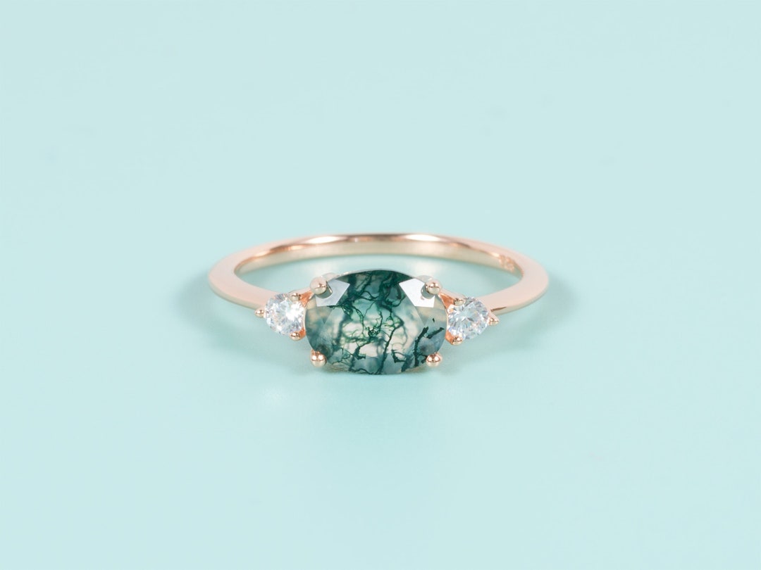 Oval Moss Agate Ring, Rose Gold Moss Agate Engagement Ring, 3 Stone ...