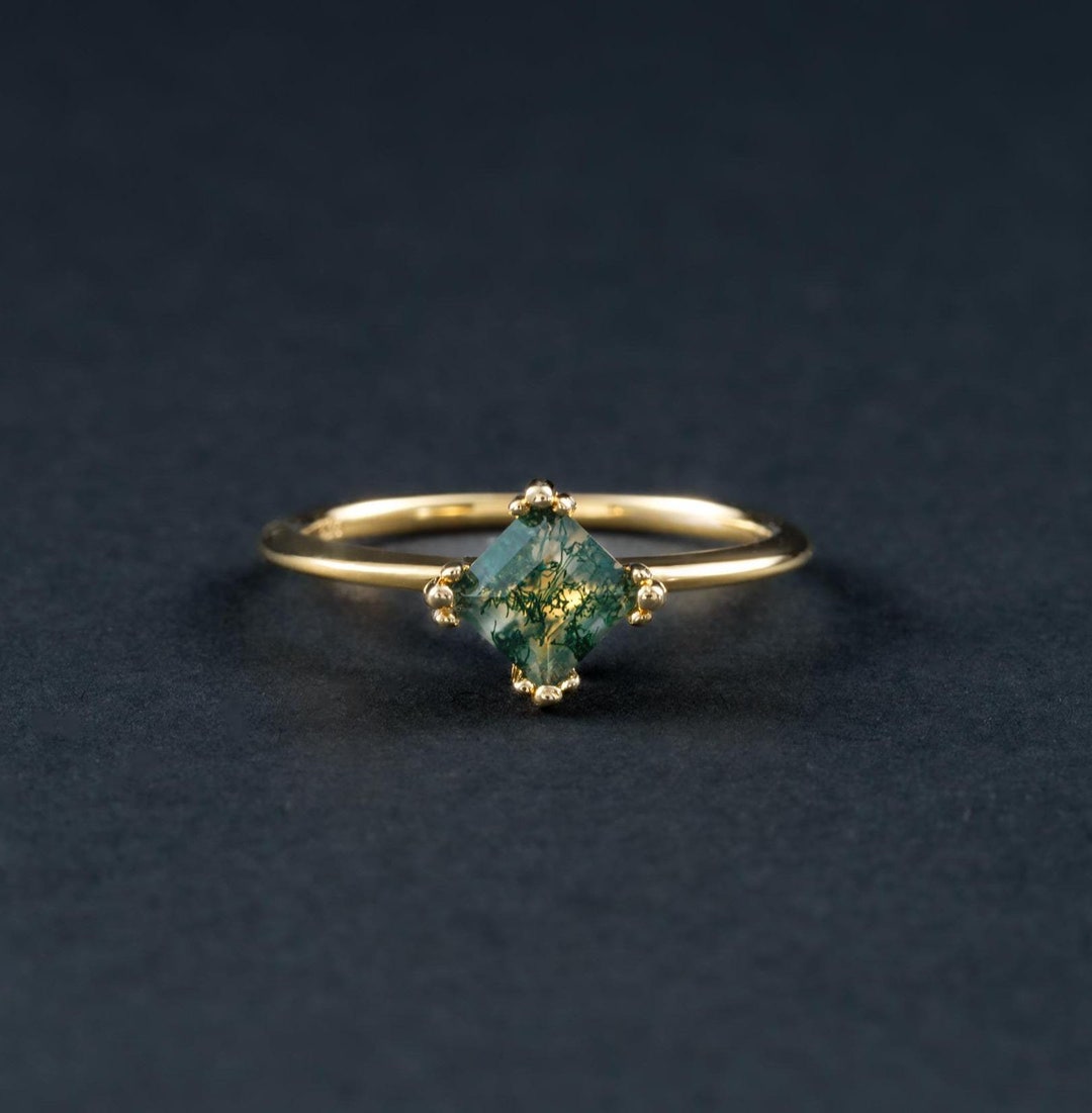 Princess Moss Agate Ring, Green Moss Agate Engagement Ring, Natural ...