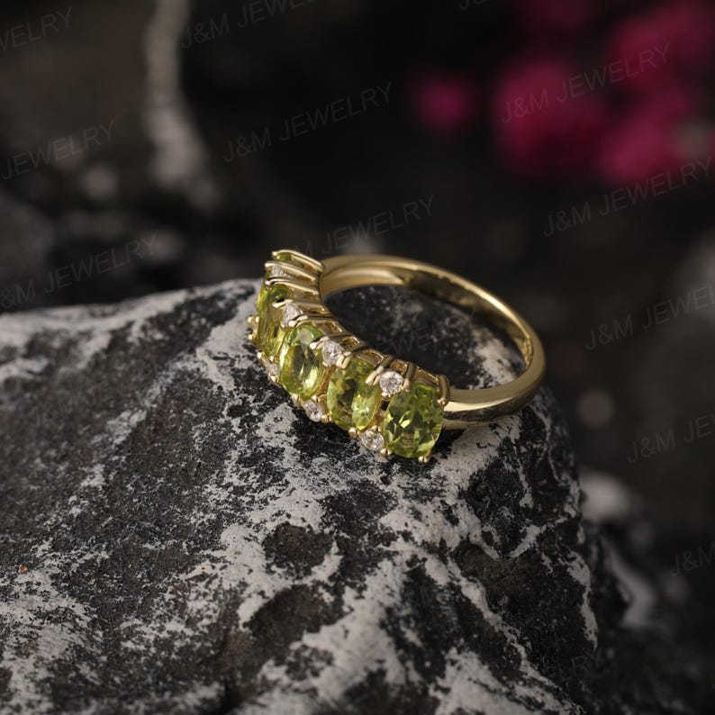 Natural Peridot Engagement Ring, 5 Stone Half Eternity Statement Ring ...