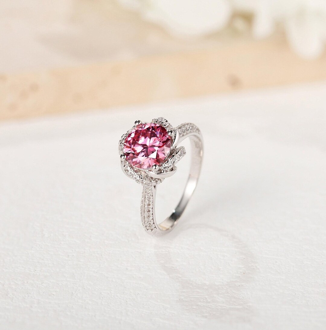 Nature Inspired Pink Moissanite Ring，2 Carat Moissanite Engagement Ring ...