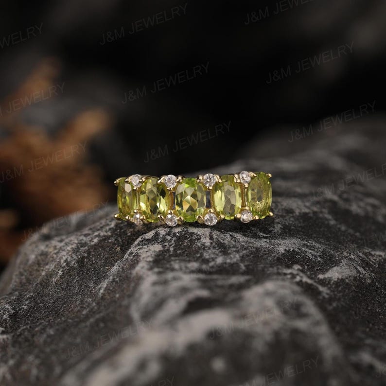 Natural Peridot Engagement Ring, 5 Stone Half Eternity Statement Ring ...