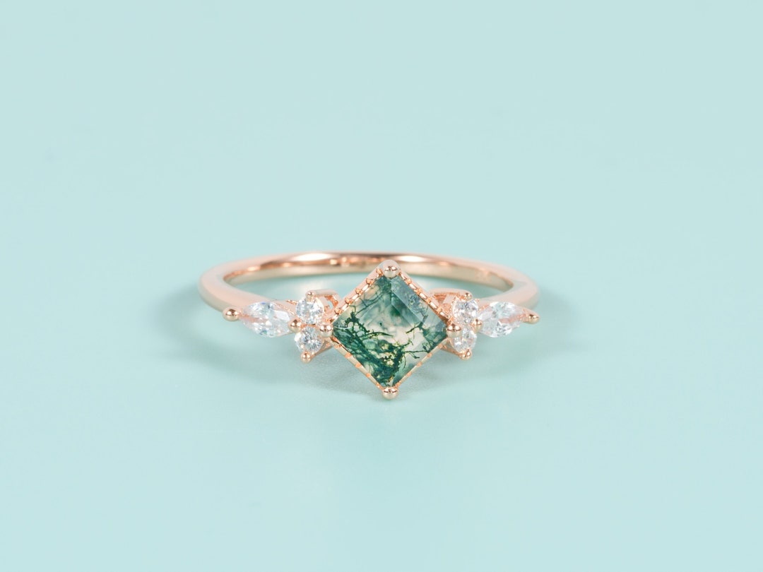 Princess Moss Agate Engagement Ring Rose Gold Moss Agate - Etsy