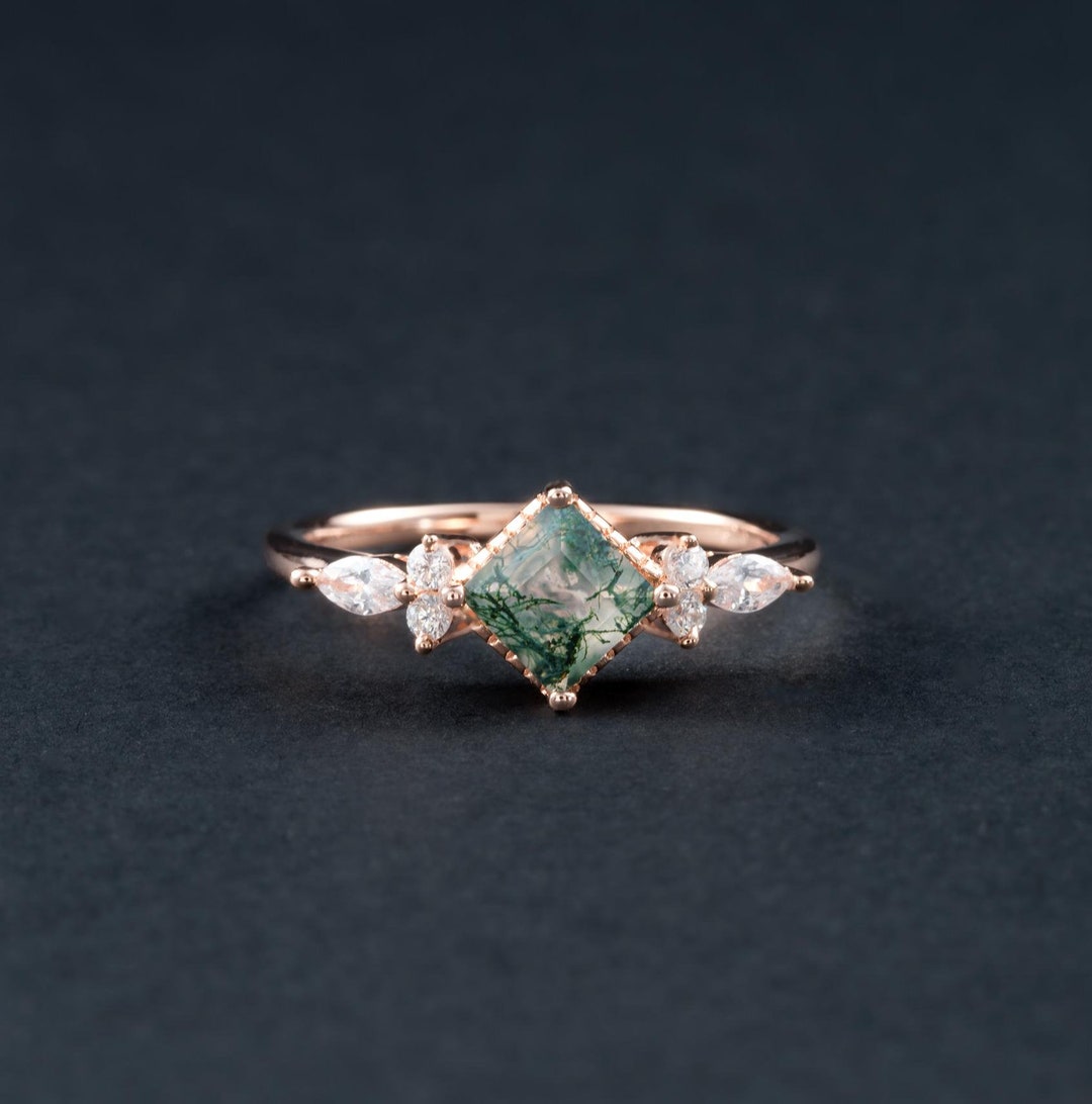 Princess Cut Moss Agate Rose Gold Engagement Ring, Anniversary Gift for ...