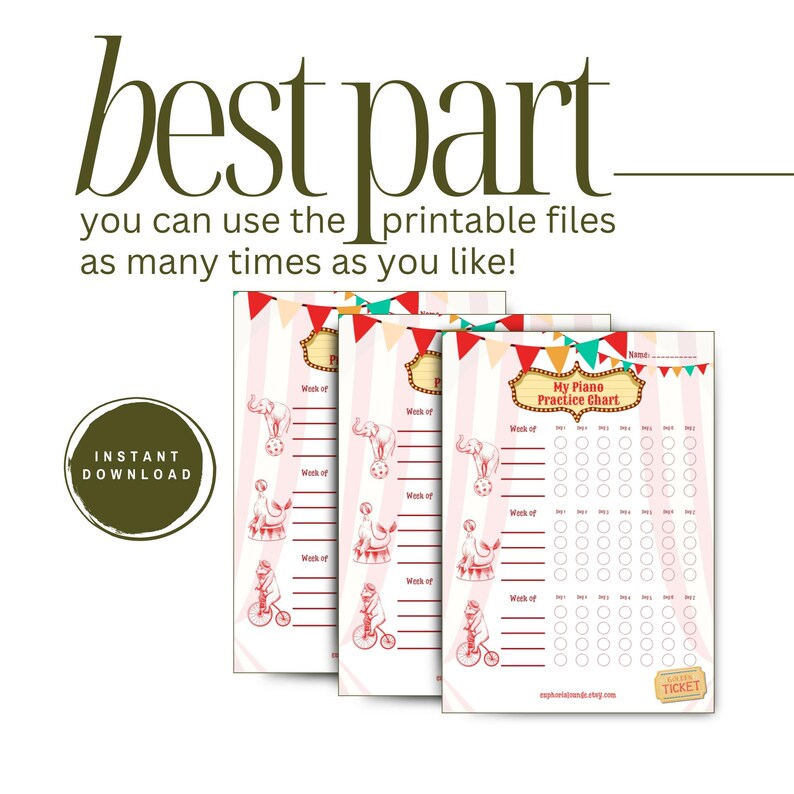 Weekly Piano Practice Log Printable Circus Theme, Piano Practice Chart ...