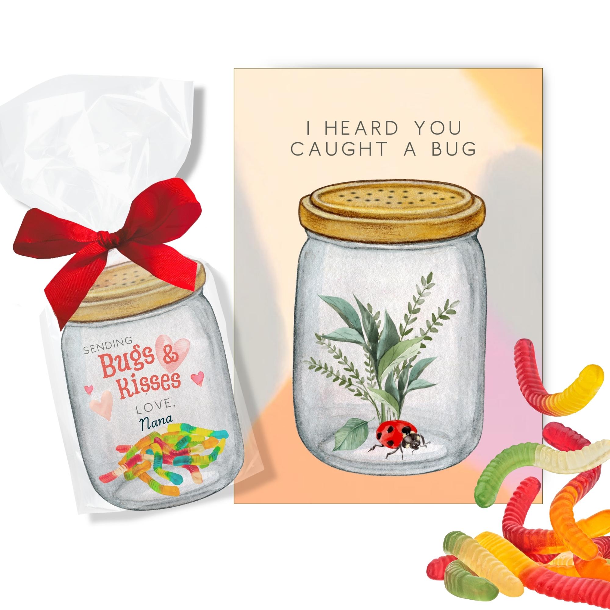 Funny Get Well Soon Printable Card Sending Bugs & Kisses Jar for Gummy Worms, Beetle Toys ...