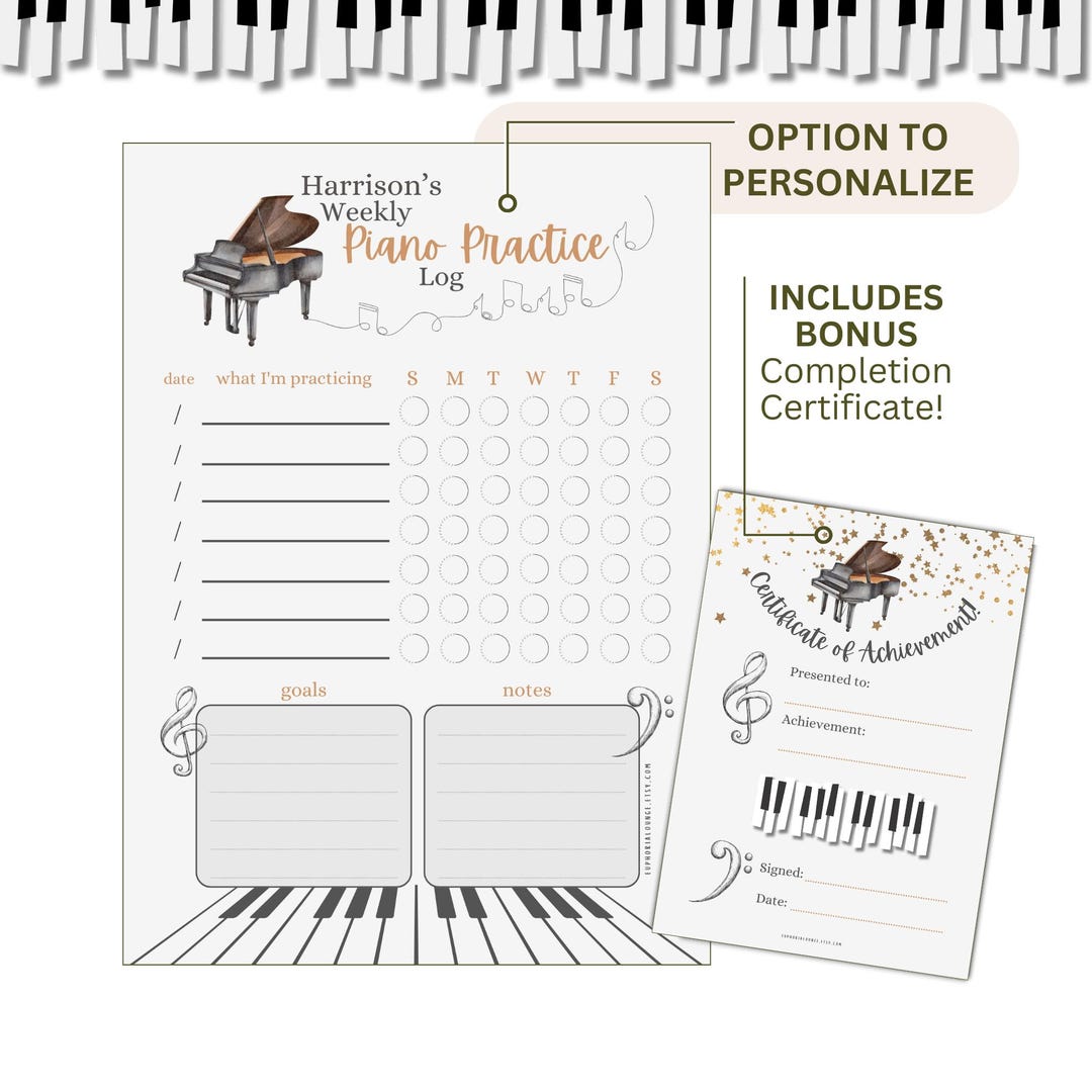 Weekly Piano Practice Log Printable, Music Practice Chart for Students ...
