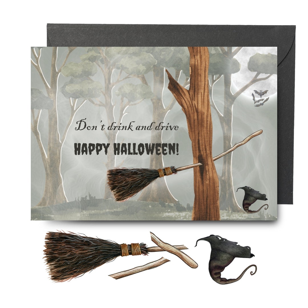 Funny Halloween Printable Card Witch Broom Crash Party Invitations ...