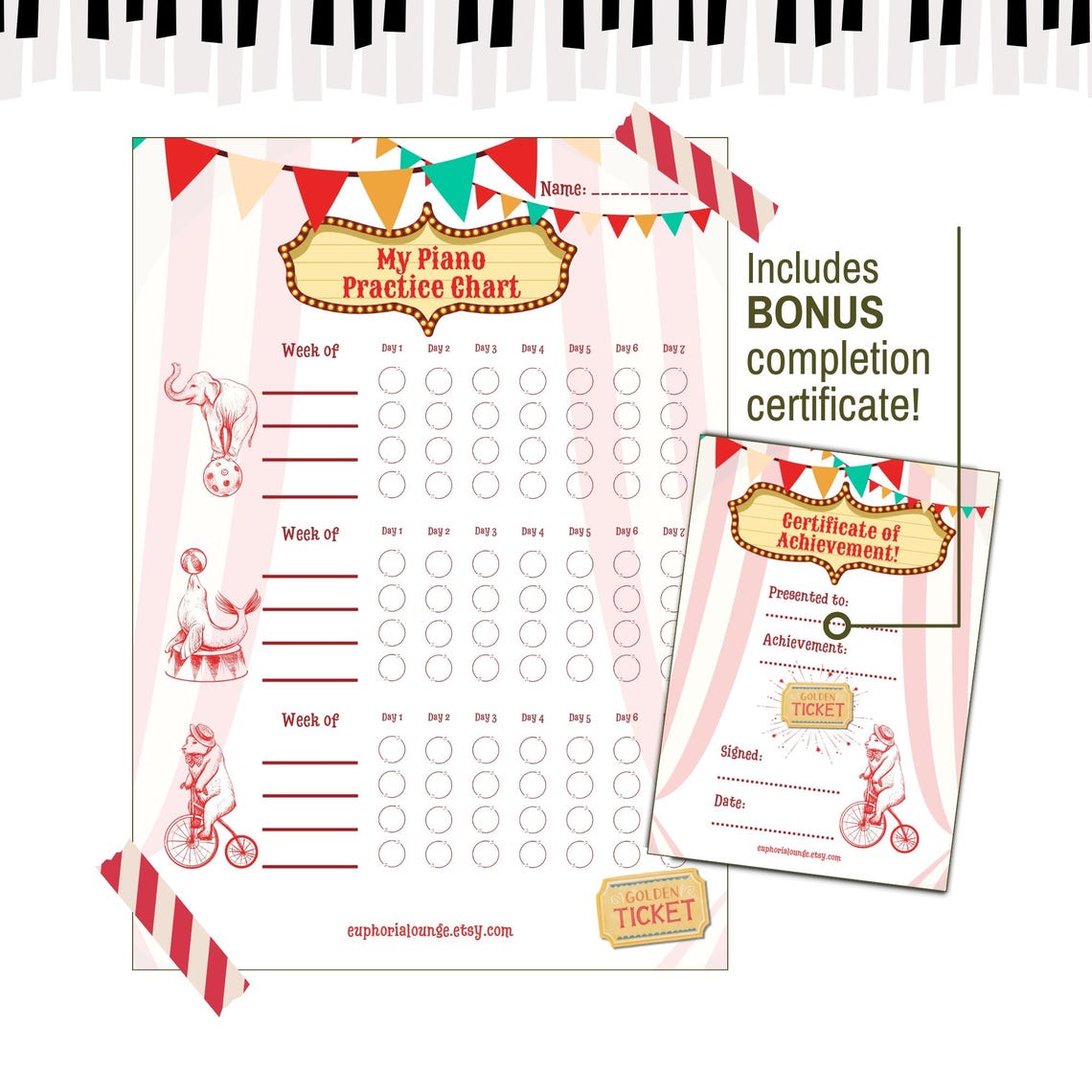 Weekly Piano Practice Log Printable Circus Theme, Piano Practice Chart ...