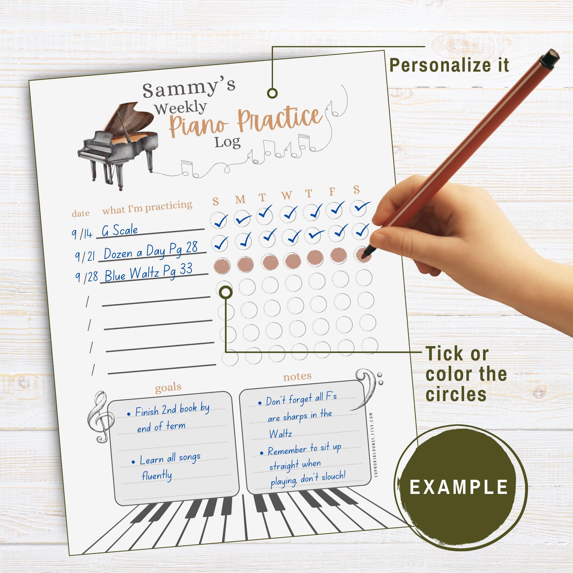 Weekly Piano Practice Log Printable, Music Practice Chart for Students ...