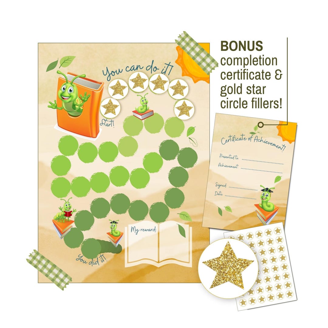 Bookworm Reward Chart for Kids, Behavior Chart Printable Chore Read ...