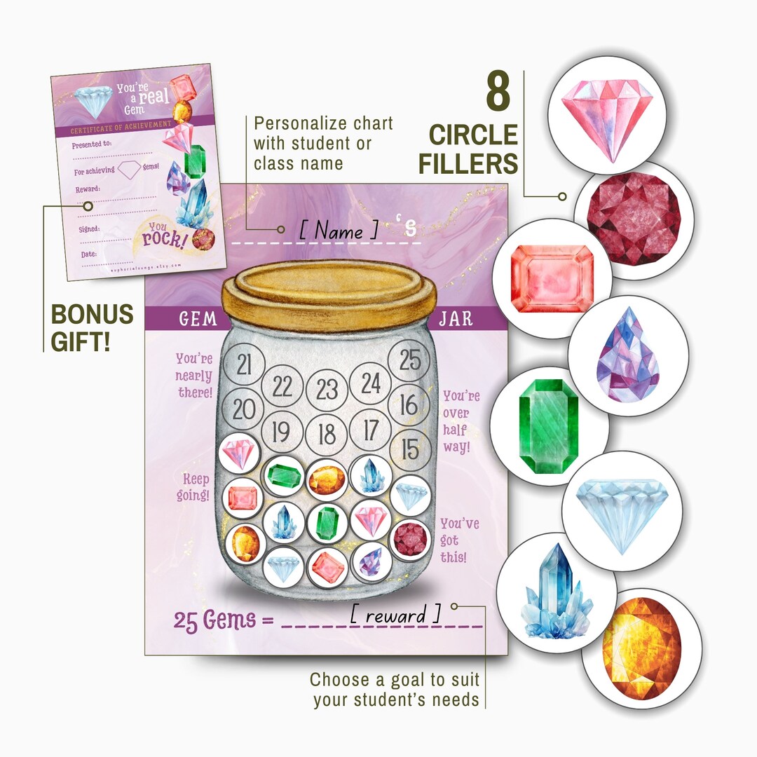 Gem Jar Printable Reward Chart for Kids Students, Motivational Positive ...