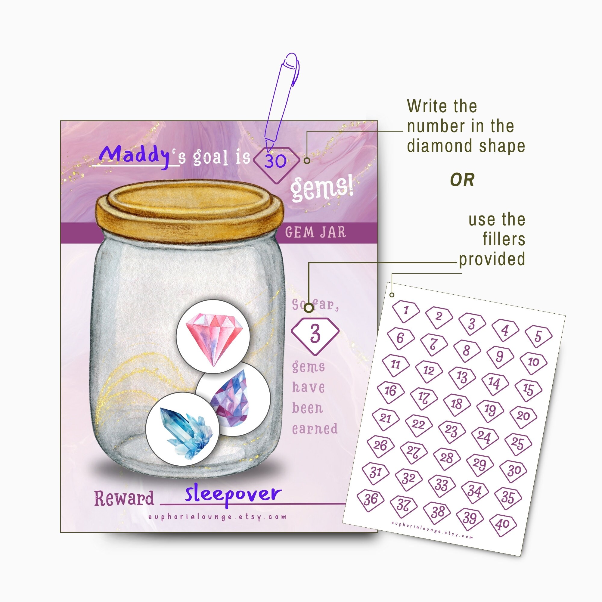 Gem Jar Printable Reward Chart for Kids Students, Motivational Positive ...