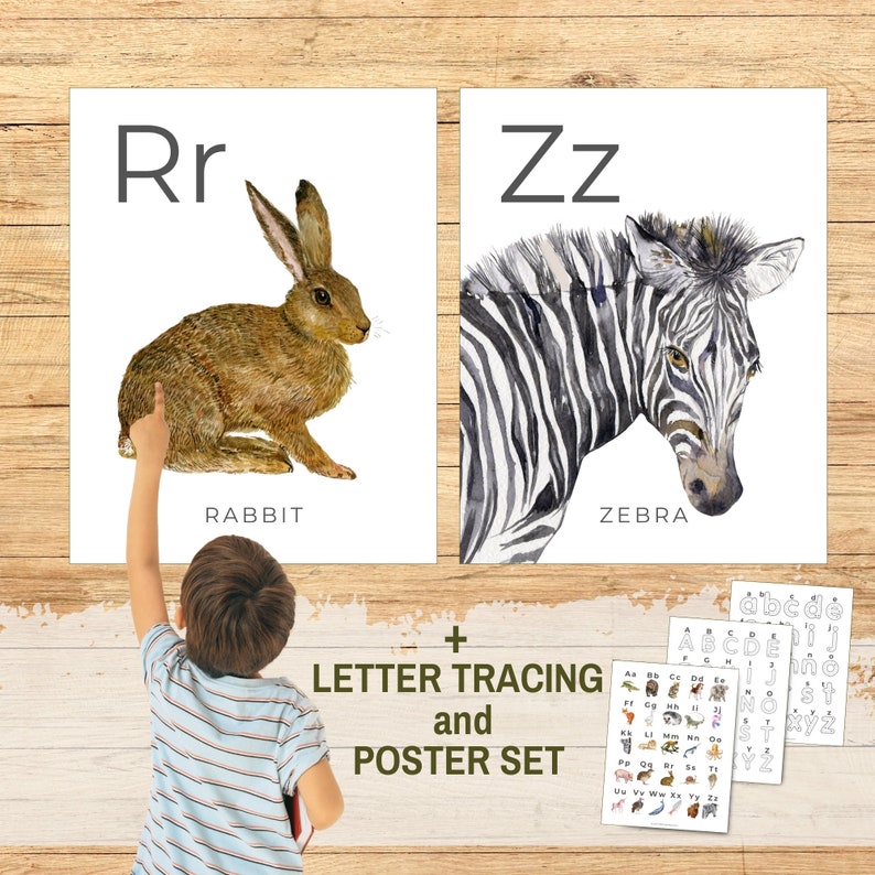Alphabet Posters Large Format for Classroom Use, Watercolor Animal ...