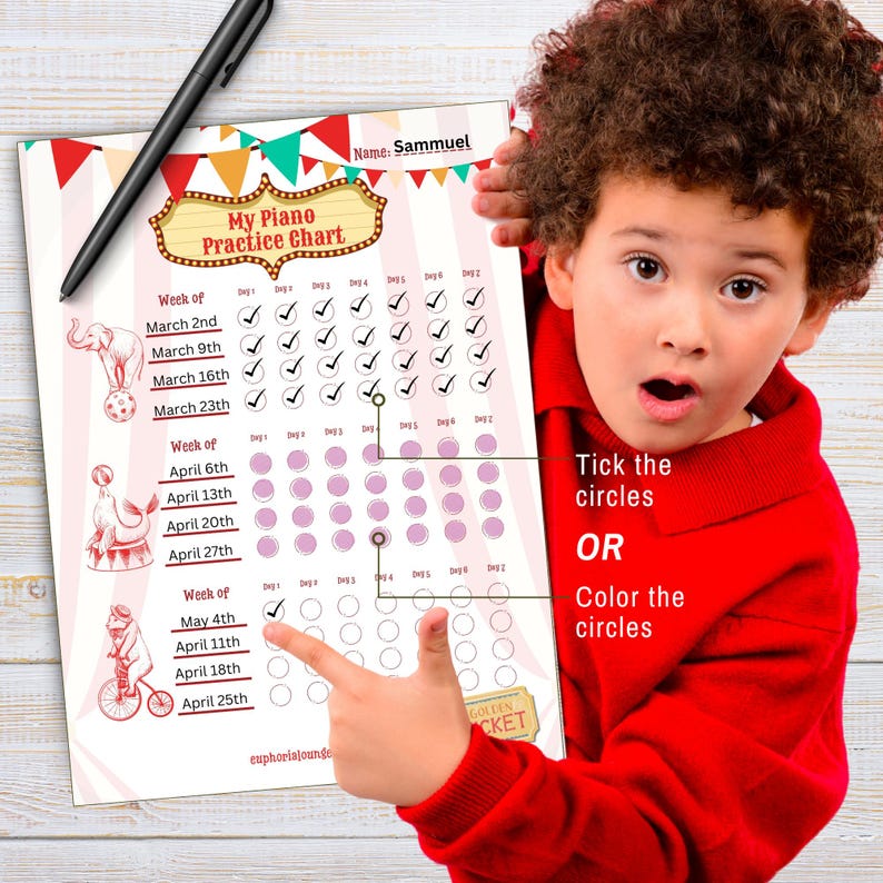 Weekly Piano Practice Log Printable Circus Theme, Piano Practice Chart ...