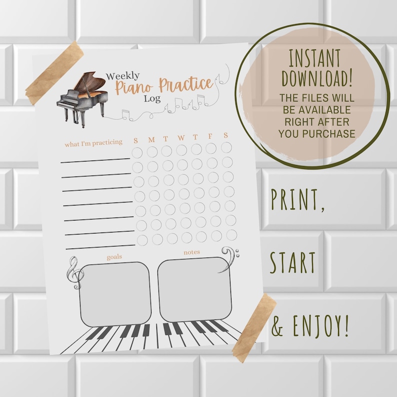 Weekly Piano Practice Log Printable Music Practice Chart for - Etsy