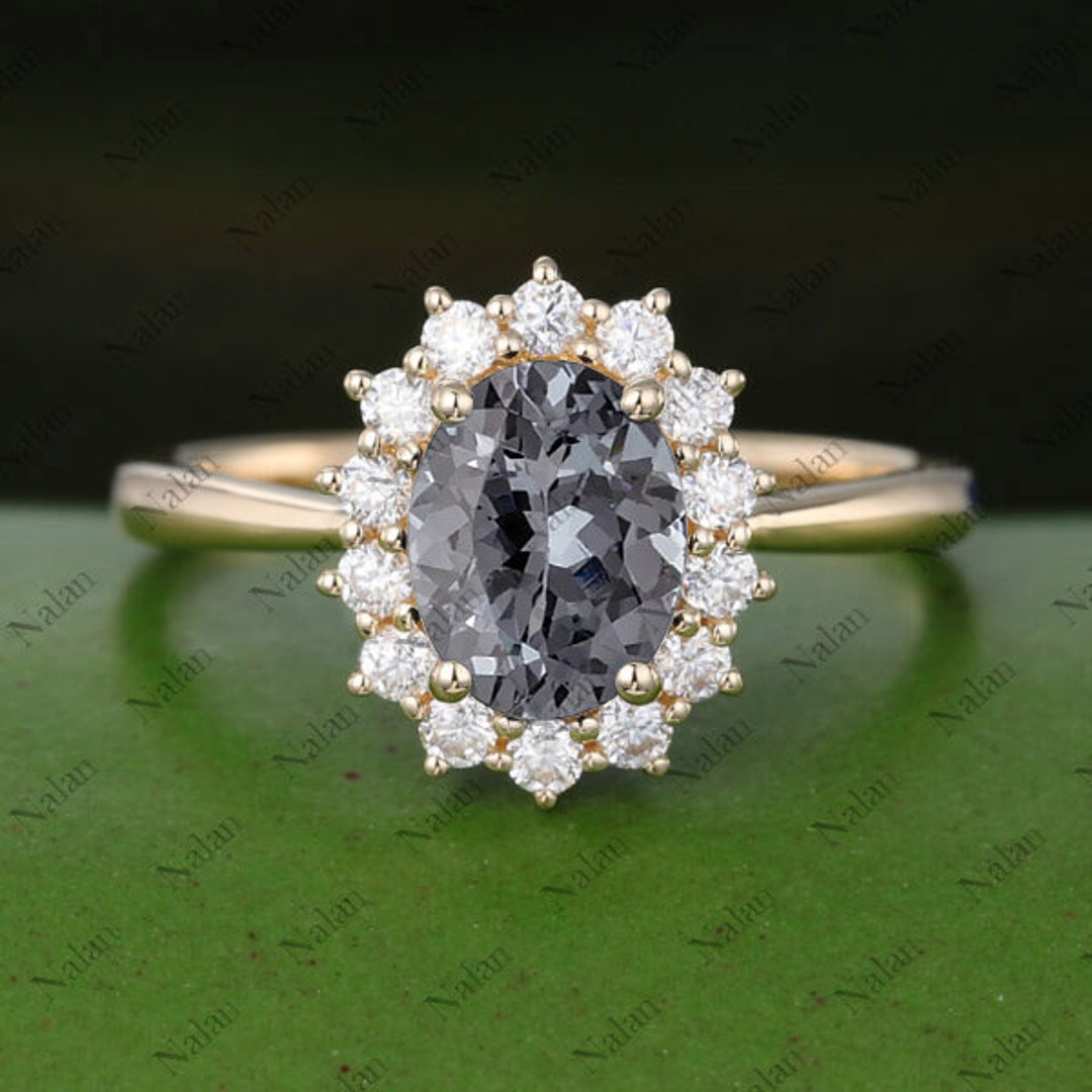 Grey Spinel Engagement Ring, Vintage Halo Oval Cut Grey Spinel Ring ...