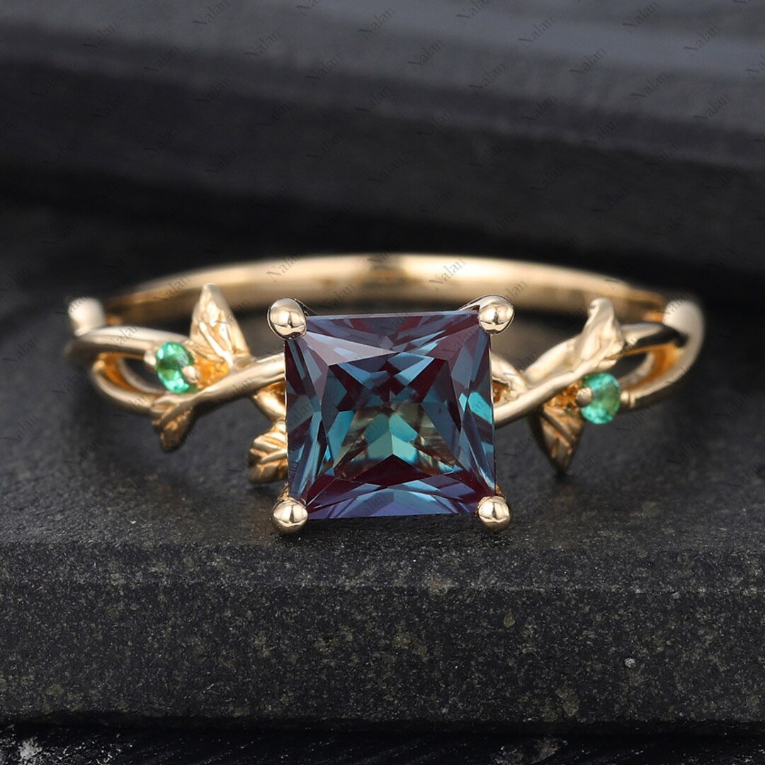 Princess Cut Alexandrite Engagement Ring Solid 14k Gold Engagement Ring ...