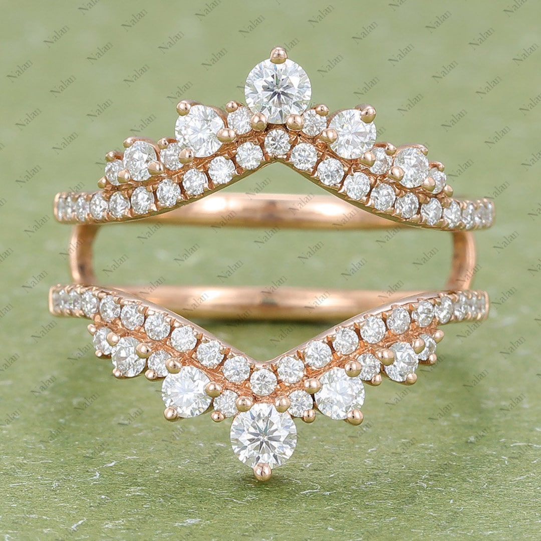 Double Curved Wedding Band Enhancer 14k Rose Gold Moissanite Wedding ...