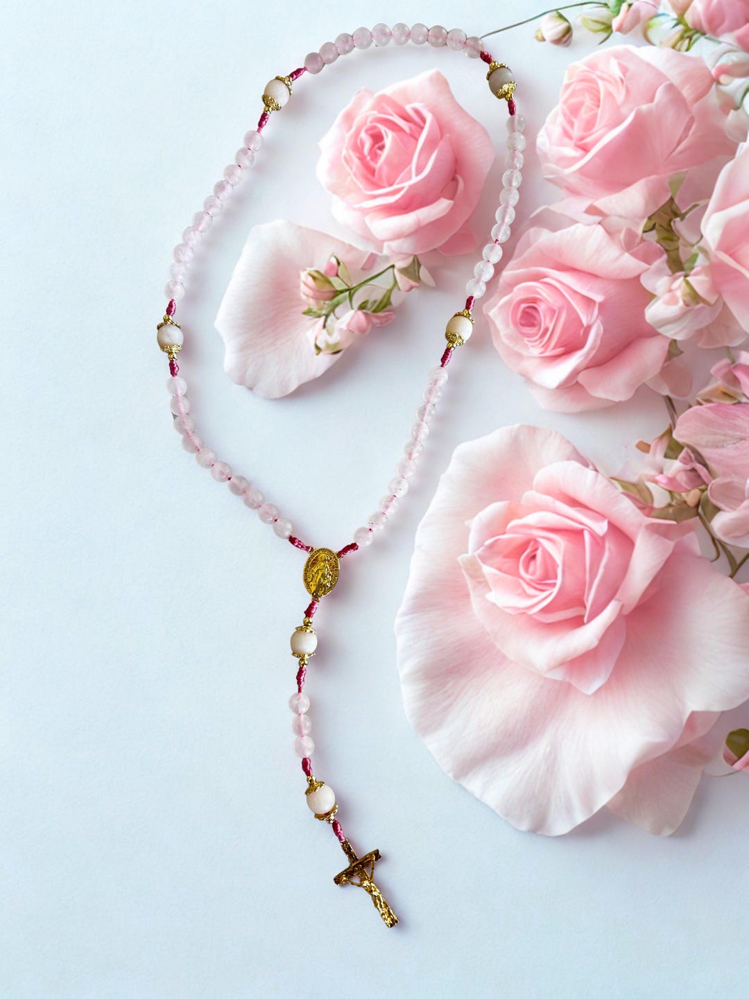 Mary’s Rose Rosary, Frosted Rose Quartz Bead Rosary, Catholic Prayers ...