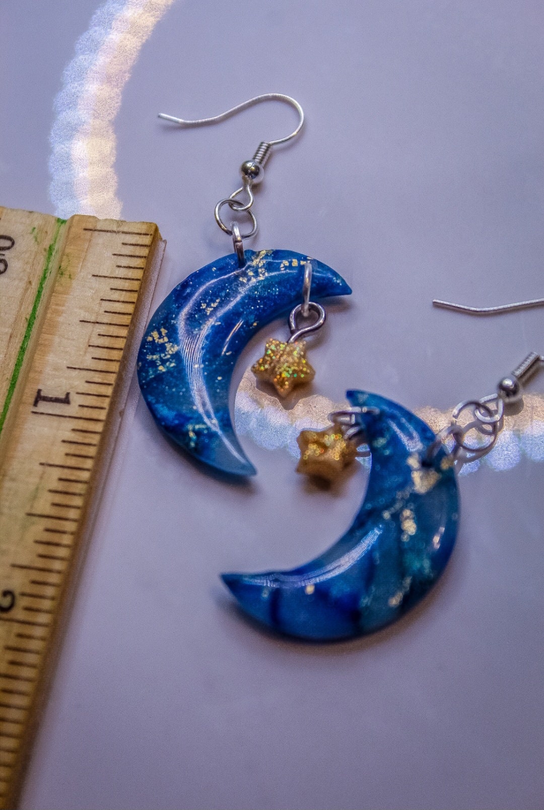Blue Crescent Moon and Gold Star Polymer Clay Earrings Dangle - Etsy