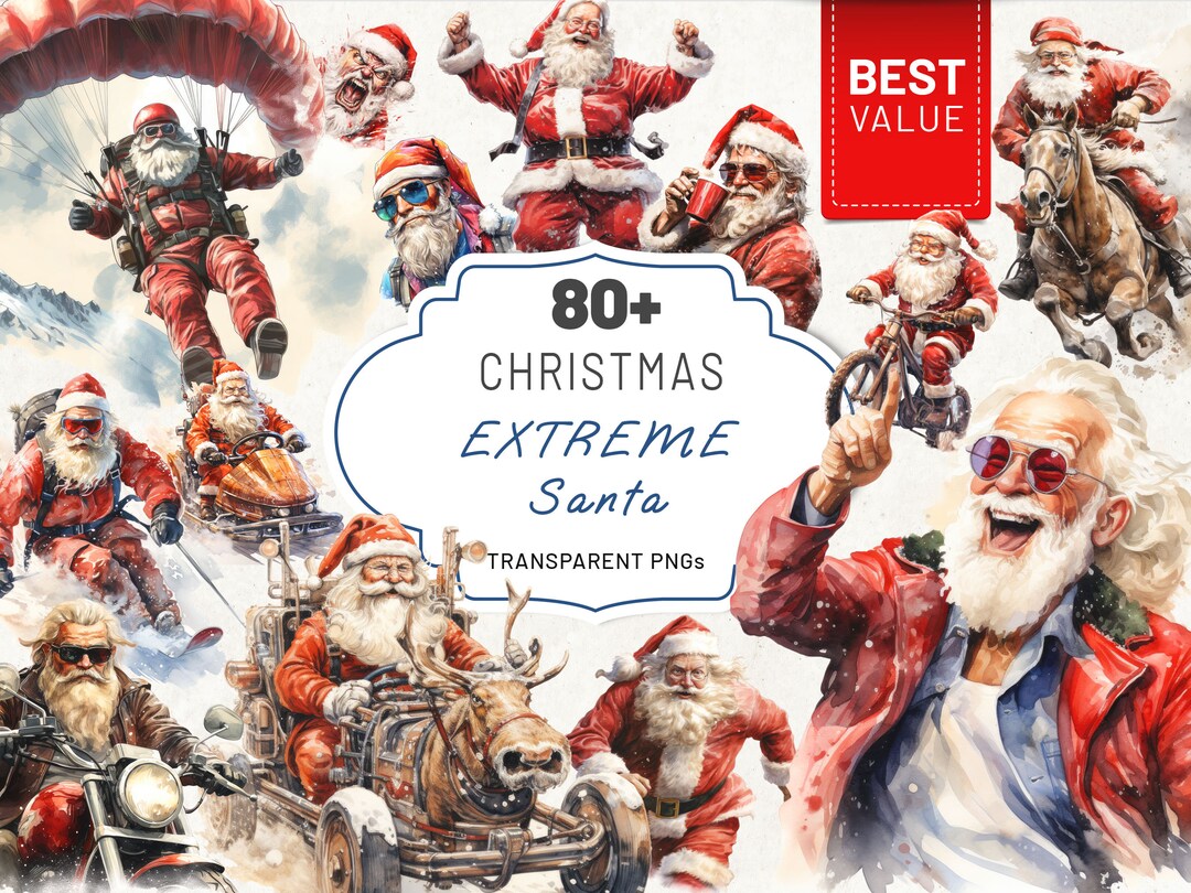 Watercolor Extreme Macho Santa Clipart Bundle Includes 80 High Quality ...